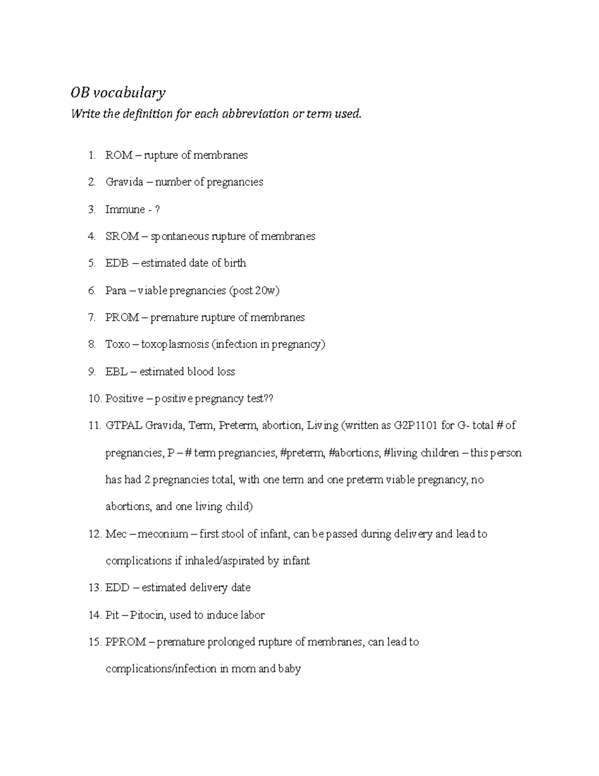 NURS 3573 OB Vocabulary - OB vocabulary Write the definition for each ...