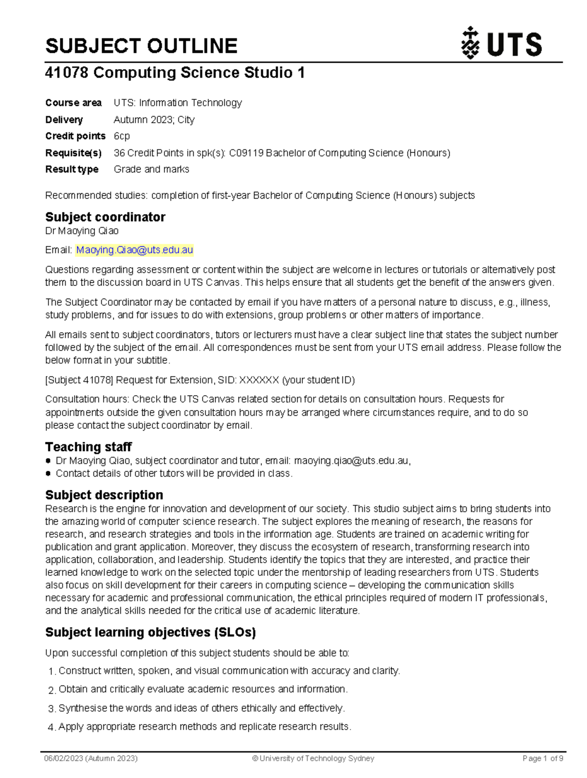 Comp - i sm am msj hsud 7syd7s7a sas - SUBJECT OUTLINE 41078 Computing ...