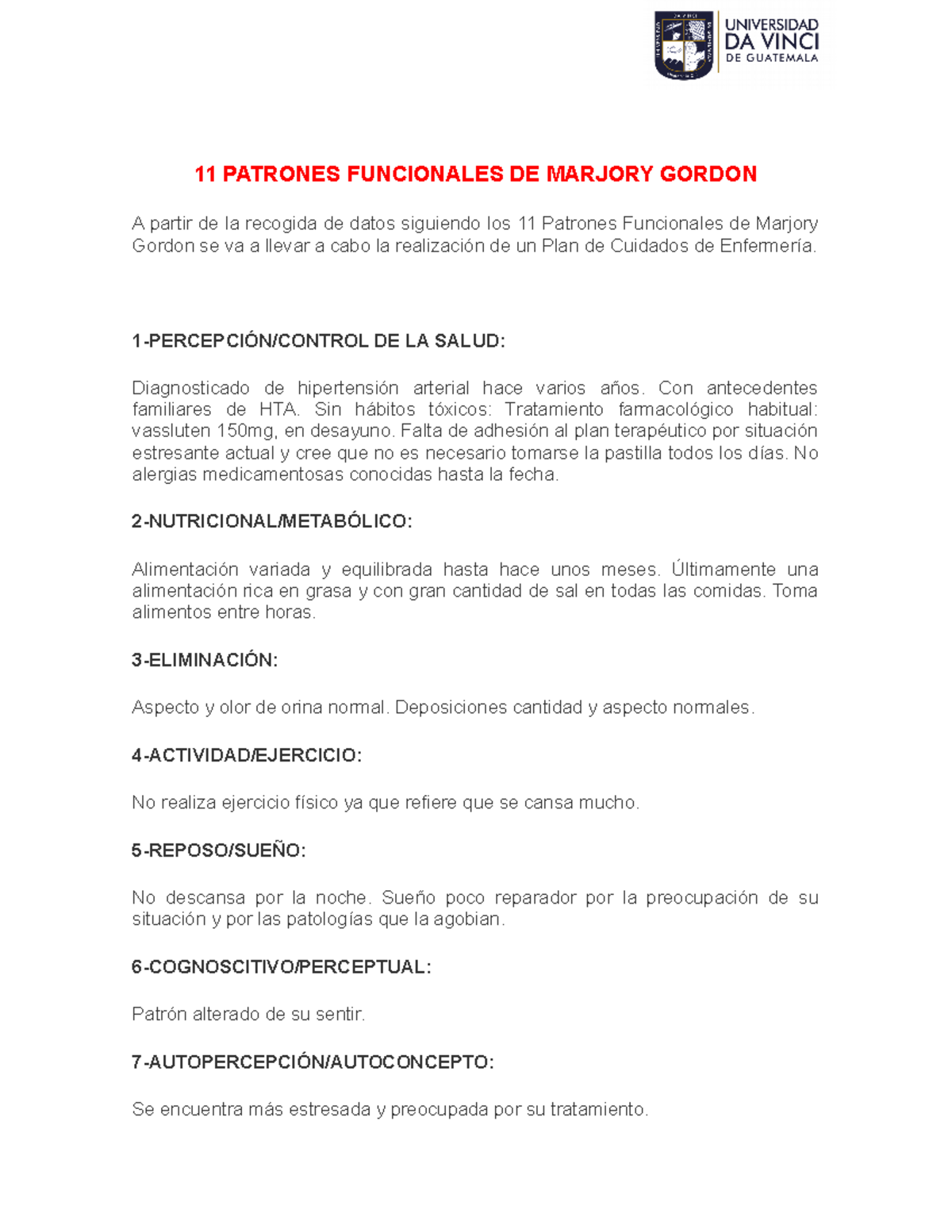 11 Patrones Funcionales DE Marjory Gordon - 1-PERCEPCIÓN/CONTROL DE LA ...