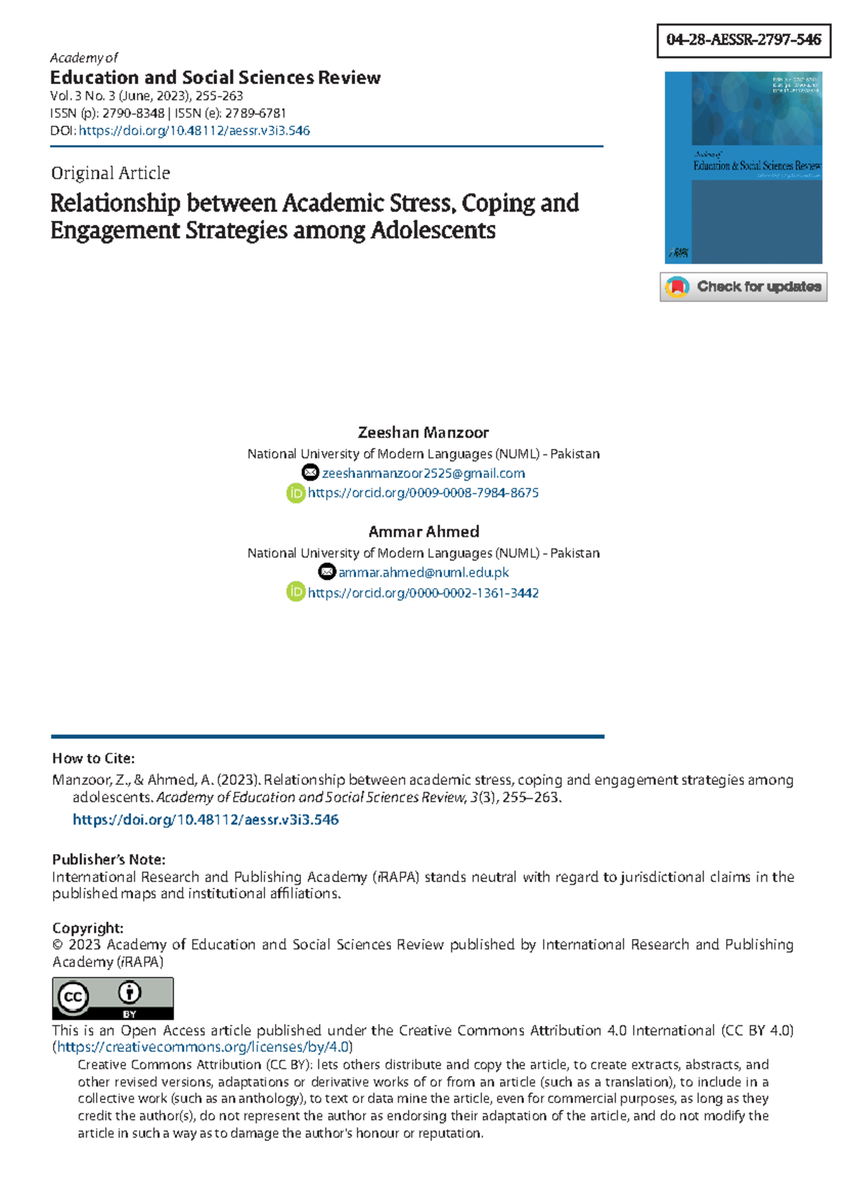 Relationship between Academic Stress Coping and En - Academy of Education and Social Sciences ...