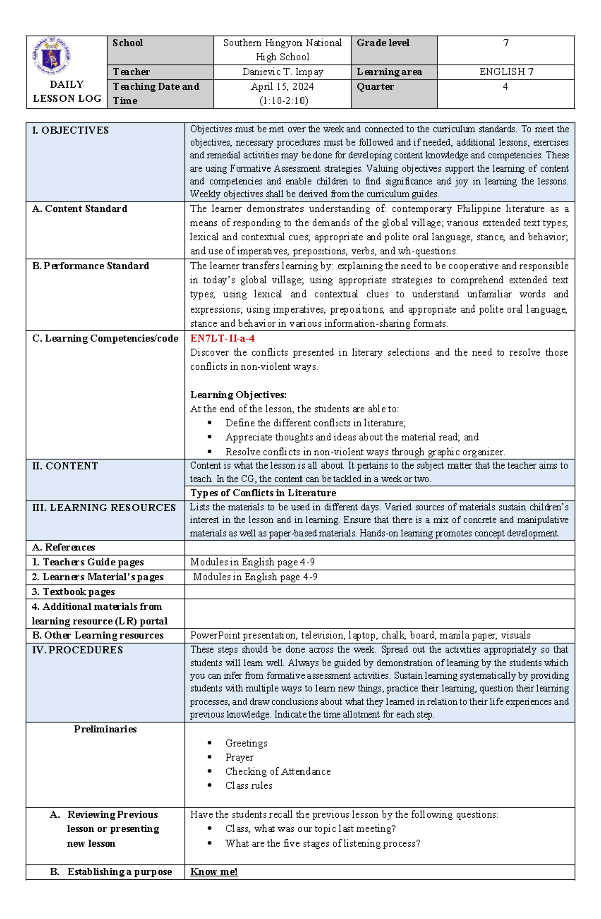Initial Demonstration LP Finale - DAILY LESSON LOG School Southern ...