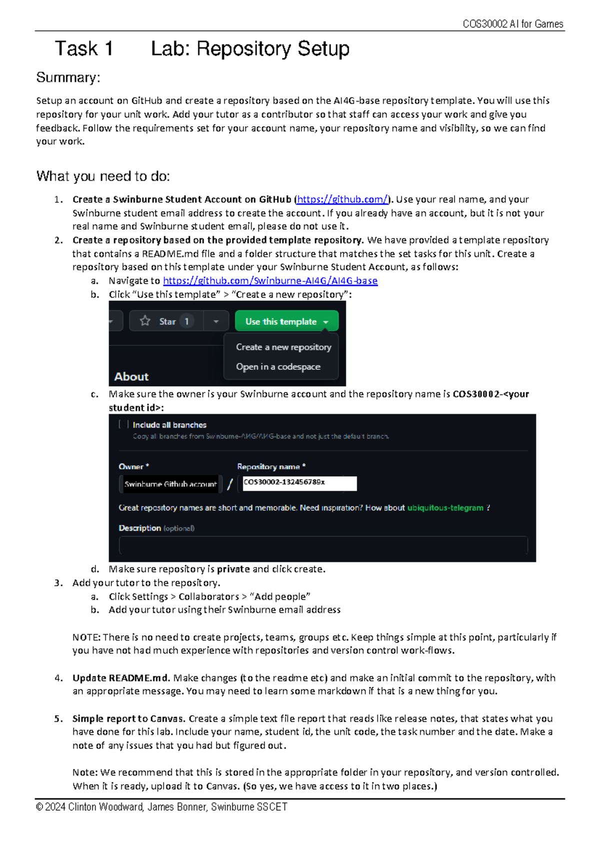 Task 01 Lab - Repository Setup - COS30002 AI for Games © 2024 Clinton ...