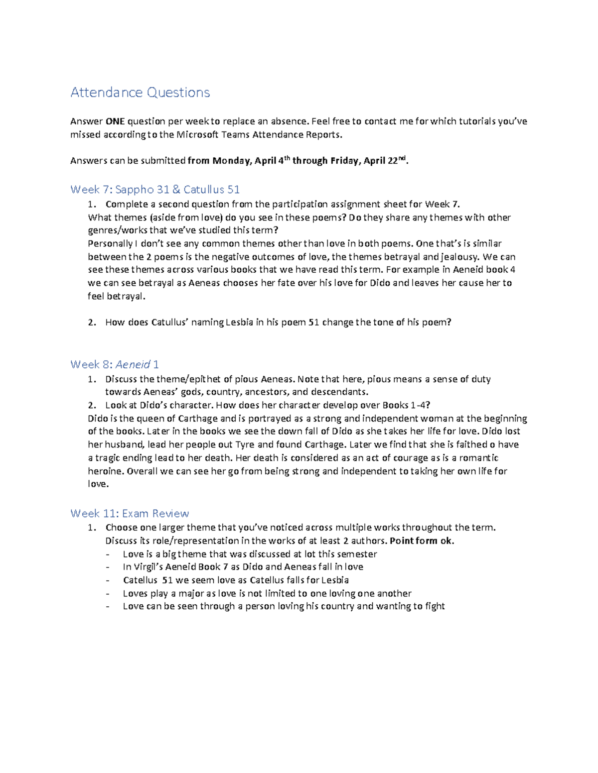 CLAS 1B03 Attendance Questions - Attendance Questions Answer ONE ...