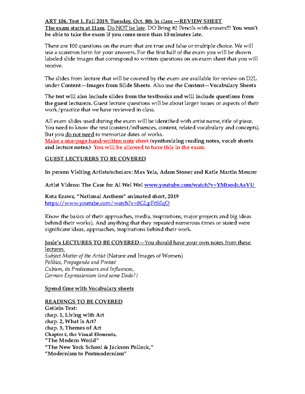 F19 Test One Review Sheet - ART 106, Test 1, Fall 2019, Tuesday, Oct ...