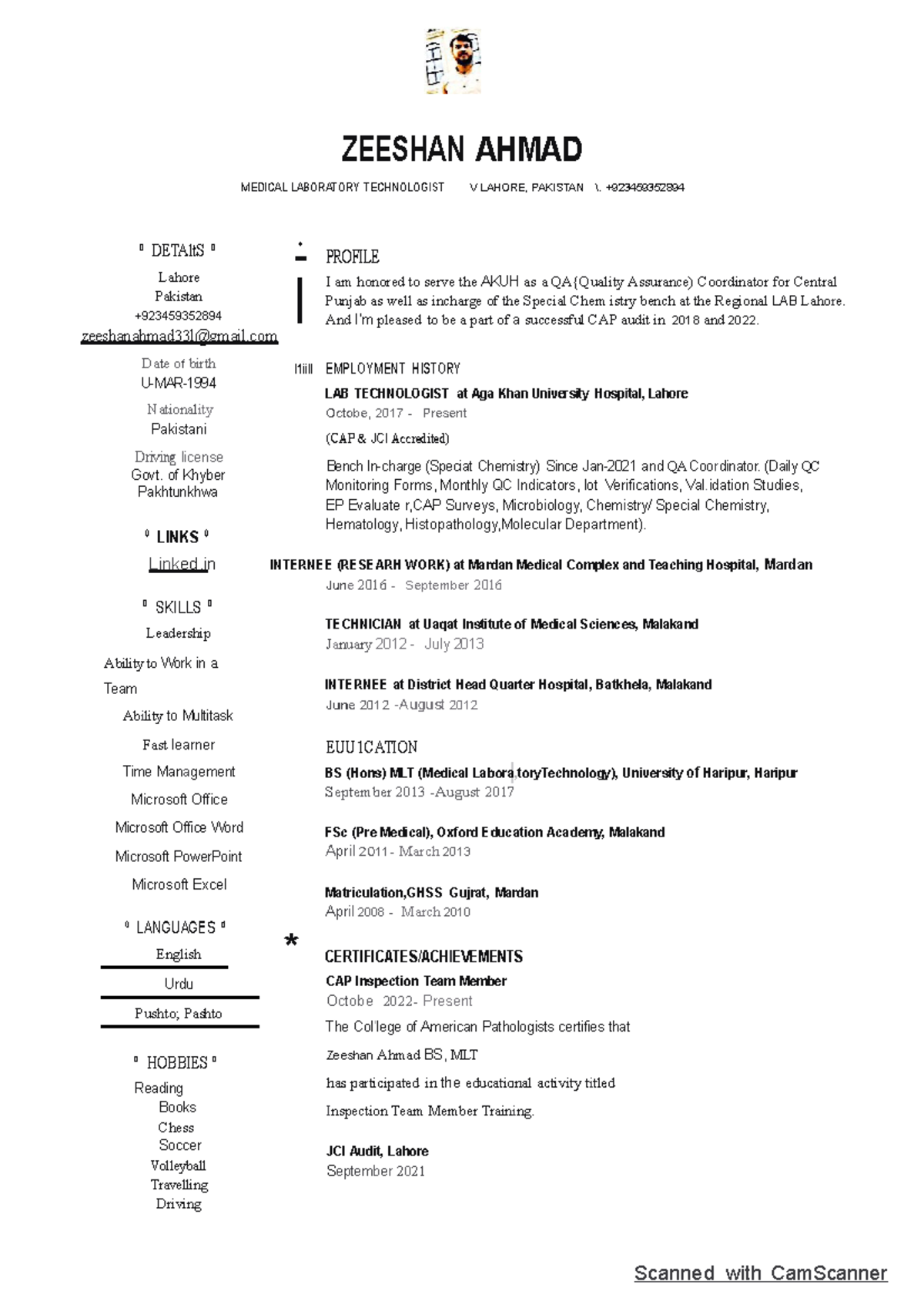 Zee CV - Please - Scanned with CamScanner ZEESHAN AHMAD ####### MEDICAL ...