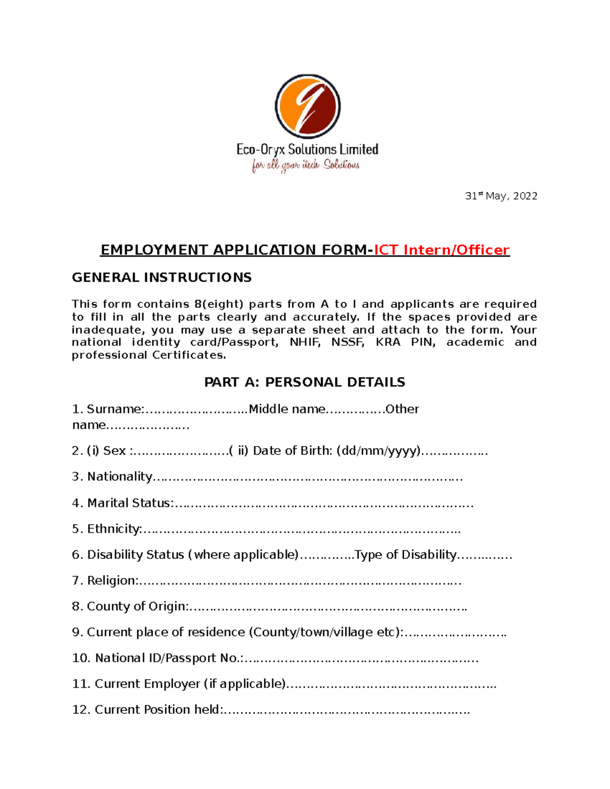 Employment- Application-FORM-Ecoryx Solutions - 31 st May, 2022 ...