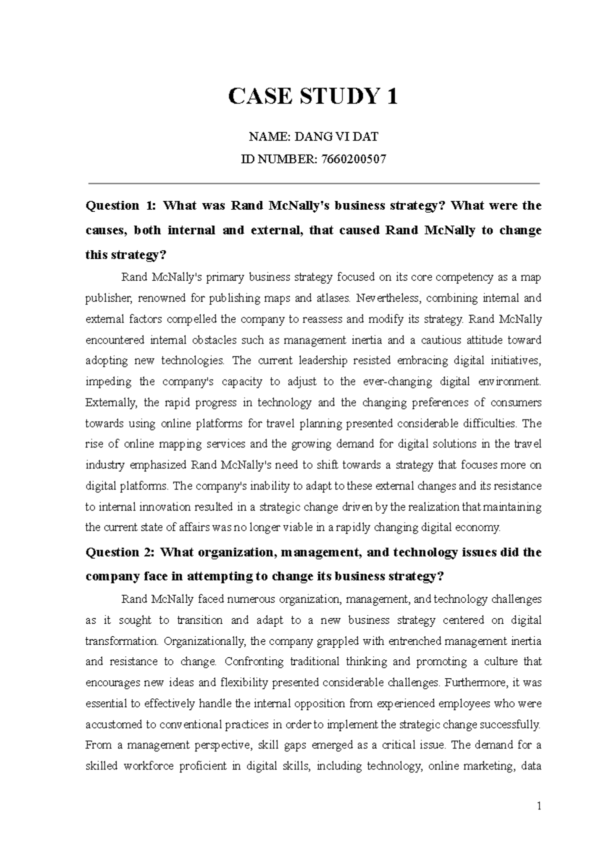 DANG VI DAT - 76602005 07 - CASE Study 1 ( RAND Mcnally CASE) - CASE ...