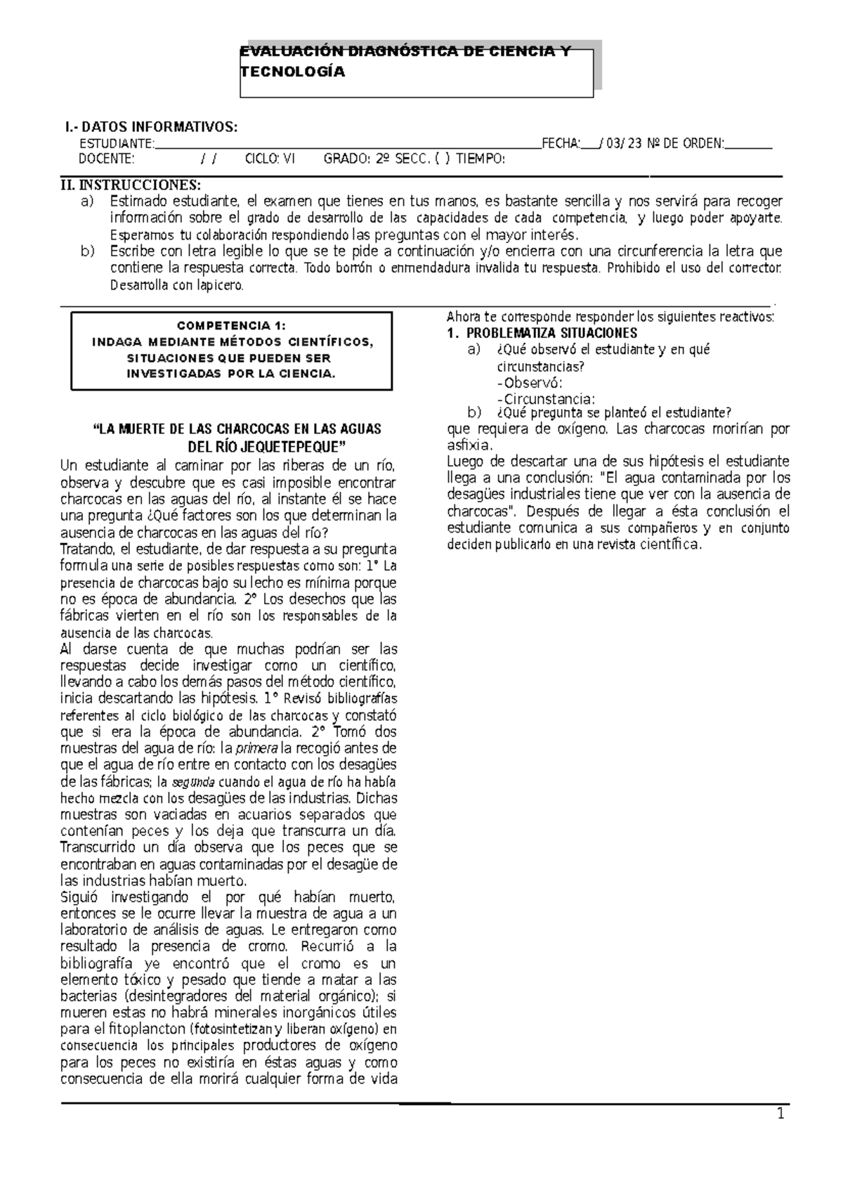 6.- Evaluación Diagnostica Competencias CYT 2º 2023 - OK - I.- DATOS INFORMATIVOS: ESTUDIANTE ...