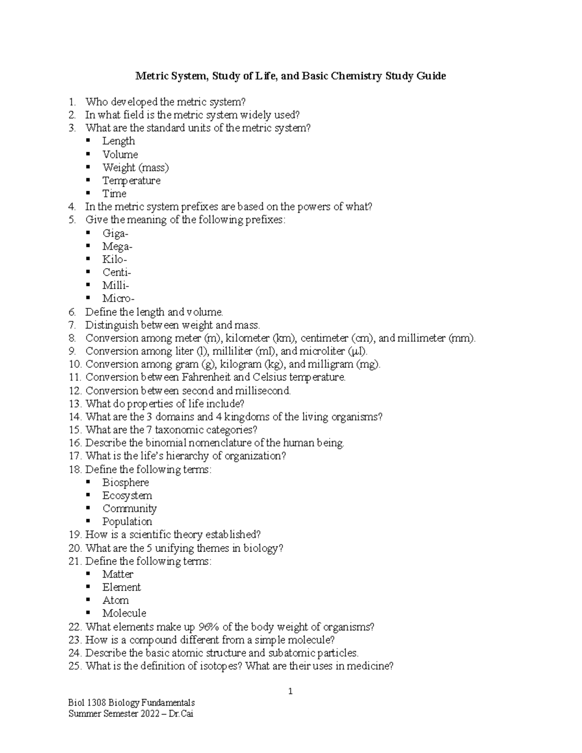 01 Study Guide for 1st Exam(1) - Metric System, Study of Life, and ...
