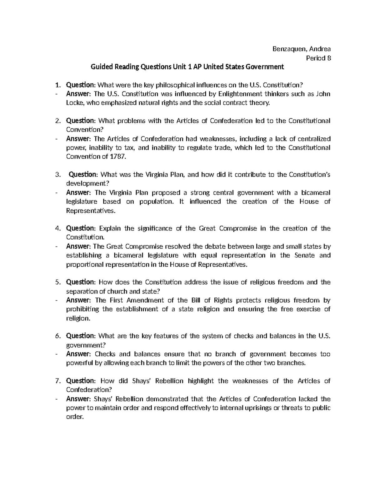 Guided Reading unit 1 ap us gov - Benzaquen, Andrea Period 8 Guided ...