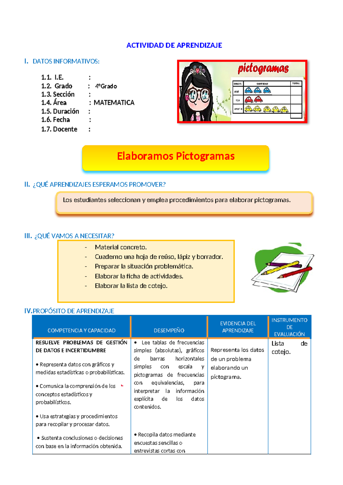 Elaboramos Pictogramas - ACTIVIDAD DE APRENDIZAJE I. DATOS INFORMATIVOS ...