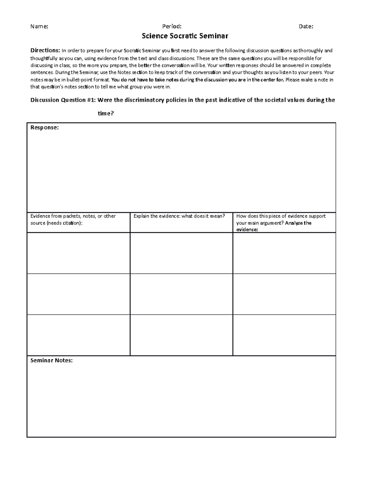 Science Socratic Seminar - Science Socratic Seminar Directions: In ...