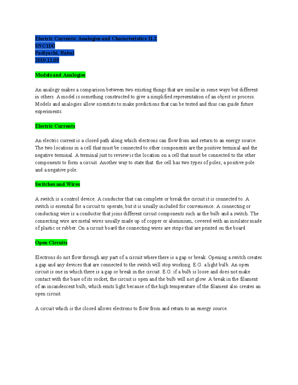 Electric Currents Analogies and Characteristics 11.2 - SNC1D Padiyachi ...