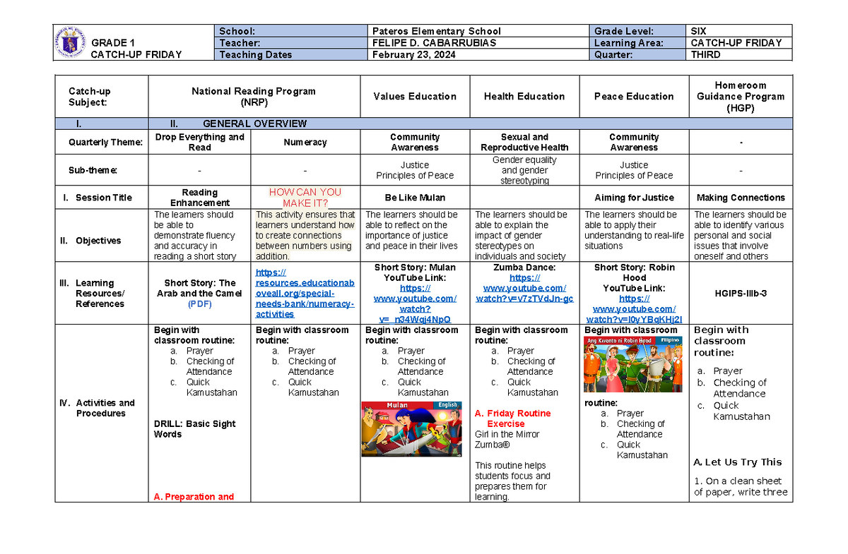 WEEK 3 DLL Catch UP Friday Grade 6 Feb - GRADE 1 CATCH-UP FRIDAY School ...