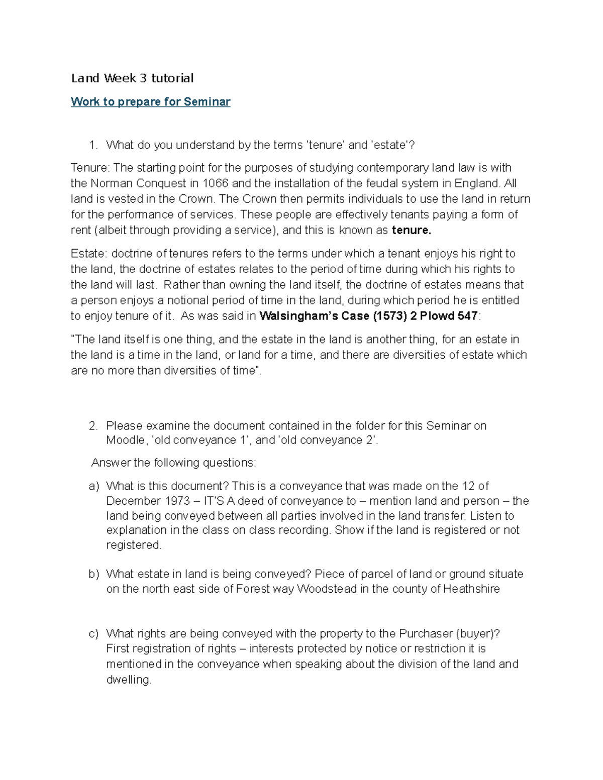 Land Week 3 tutorial - class work - Land Week 3 tutorial Work to prepare for Seminar 1. What do ...