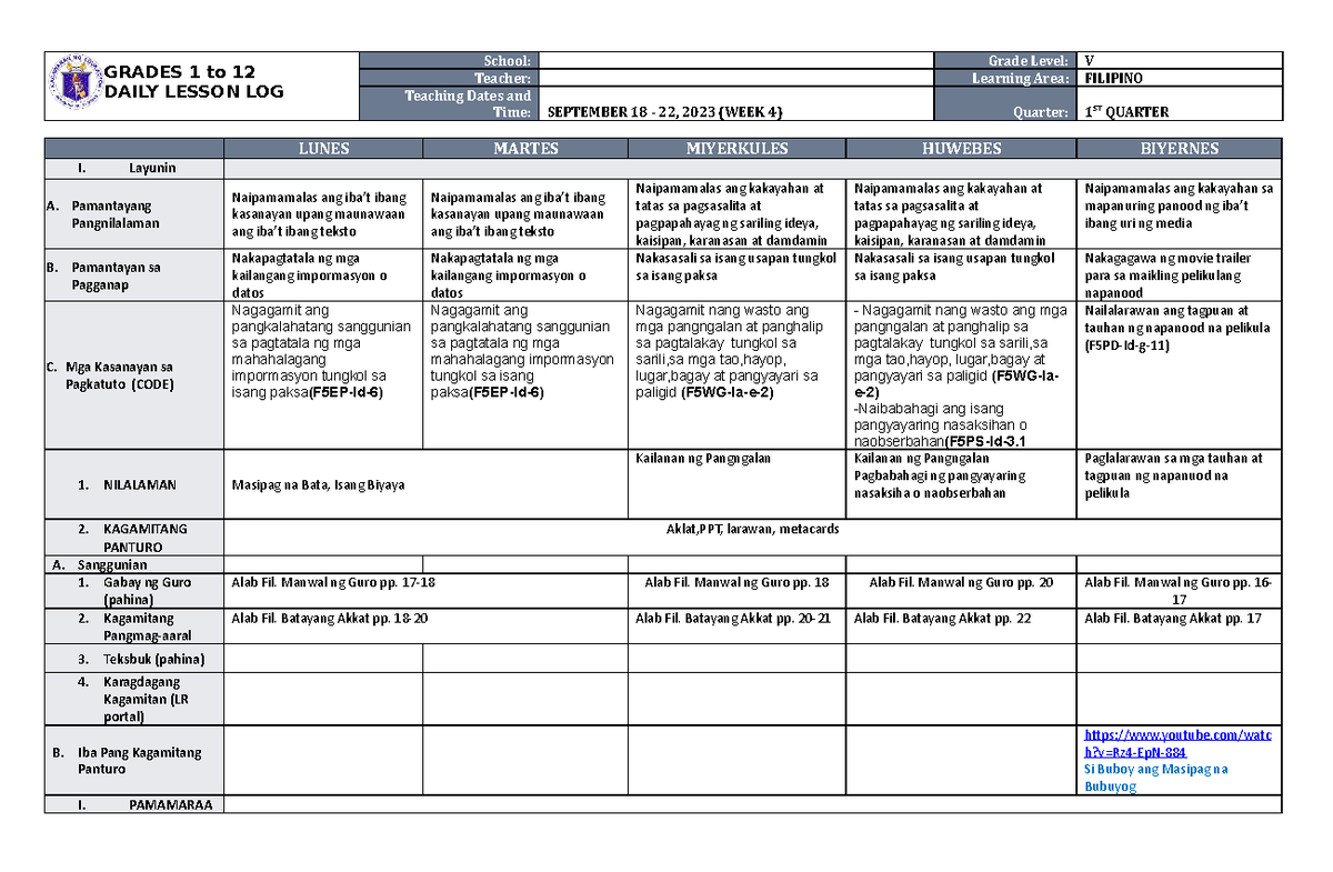 DLL Filipino-5 Q1 W4 - DLP - GRADES 1 to 12 DAILY LESSON LOG School ...