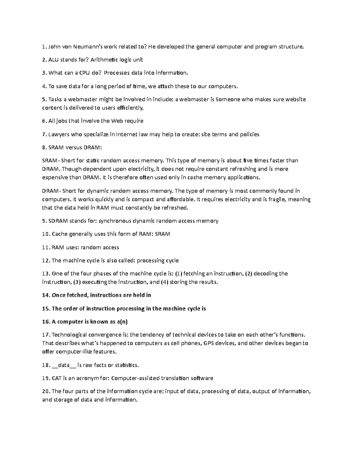 CIS study guide 1 - Online class - 1. John von Neumann’s work related ...