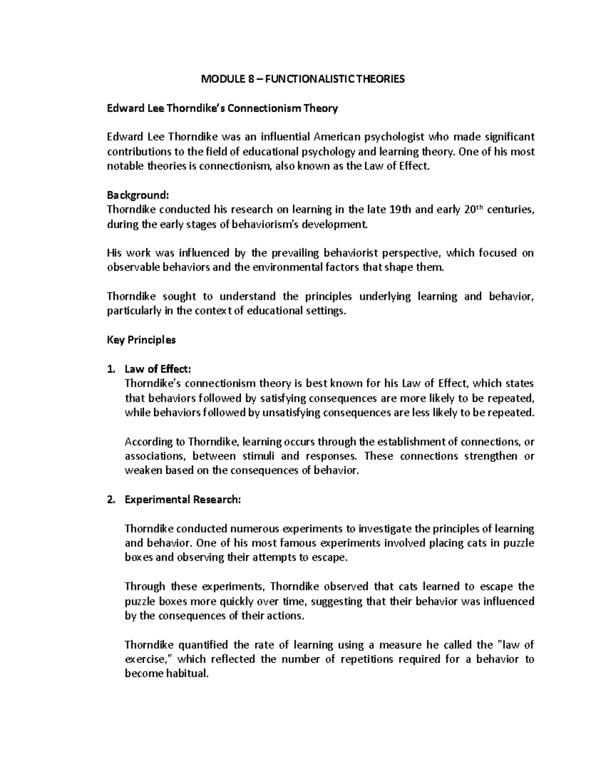 Module-8 - module 8 of cognitive psychology. it is about thorndike and ...