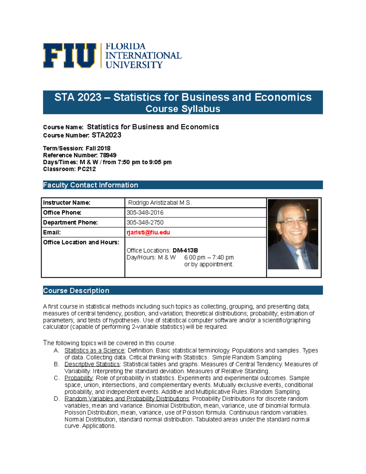 STA2023 Syllabus - STA 2023 Statistics for Business and Economics ...