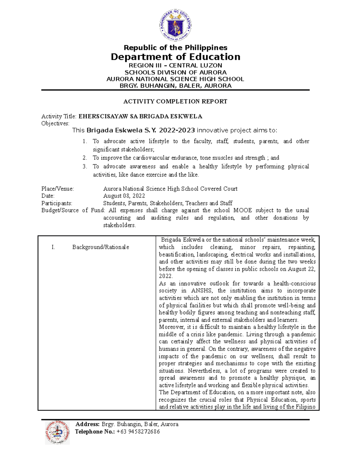 ACR for Eherscisayaw - Narrative report Brigada Eskwela innovation ...
