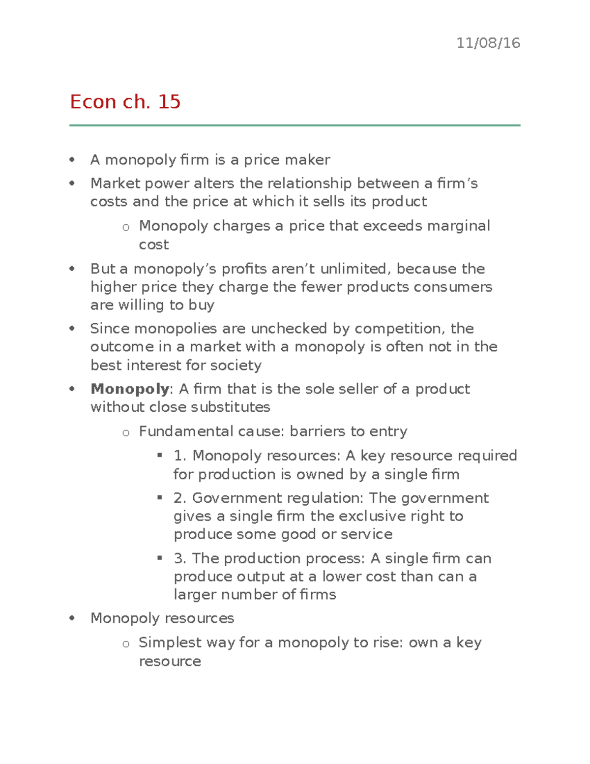 Econ ch. 15 notes - Econ ch. 15 A monopoly firm is a price maker Market ...