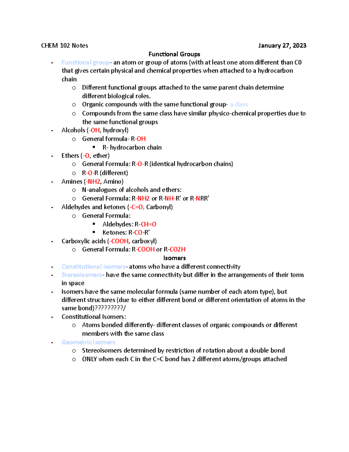 Functional Groups - notes - CHEM 102 Notes January 27, 2023 Functional ...
