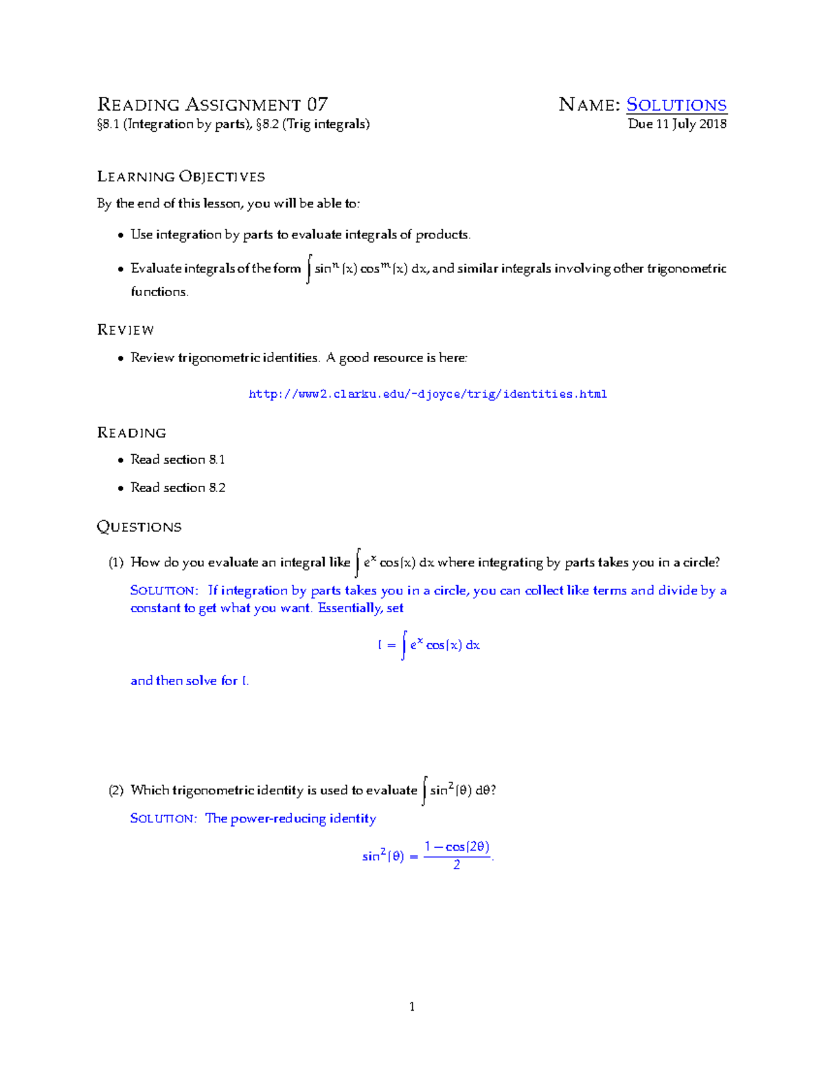 18su 1910 reading 07 solutions - READING ASSIGNMENT 07 NAME: SOLUTIONS §8 (Integration by parts ...