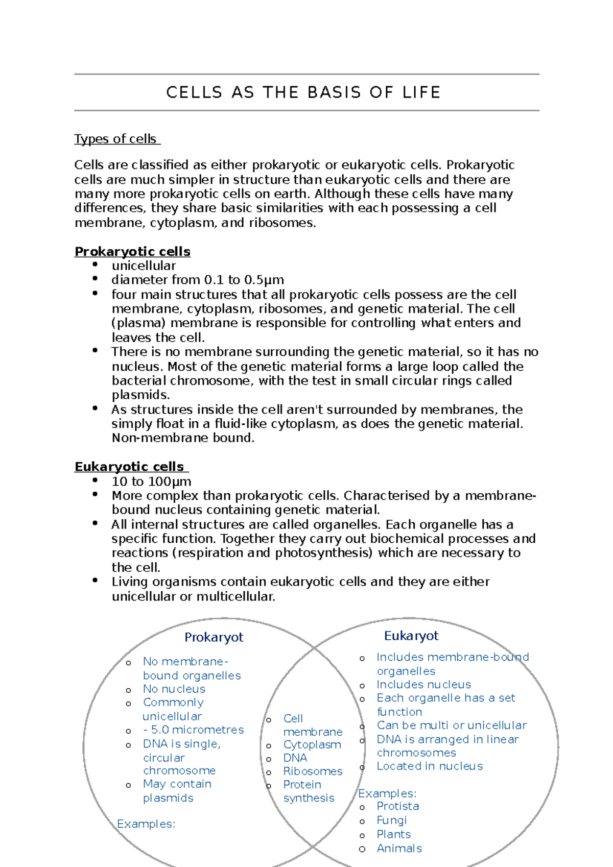 Cells as the basis of life - CELLS AS THE BASIS OF LIFE Types of cells ...