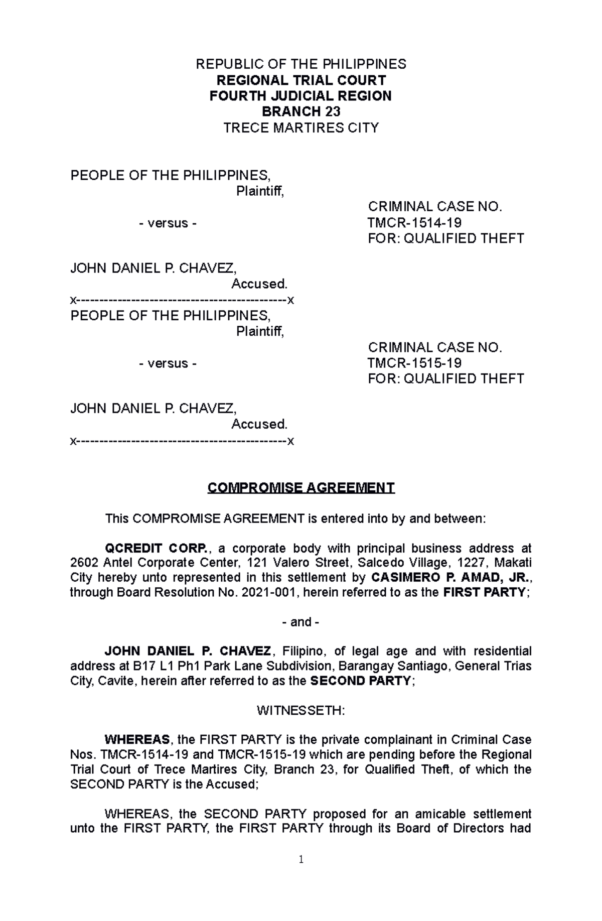 PDF De Chavez Compromise Agreement REPUBLIC OF THE PHILIPPINES
