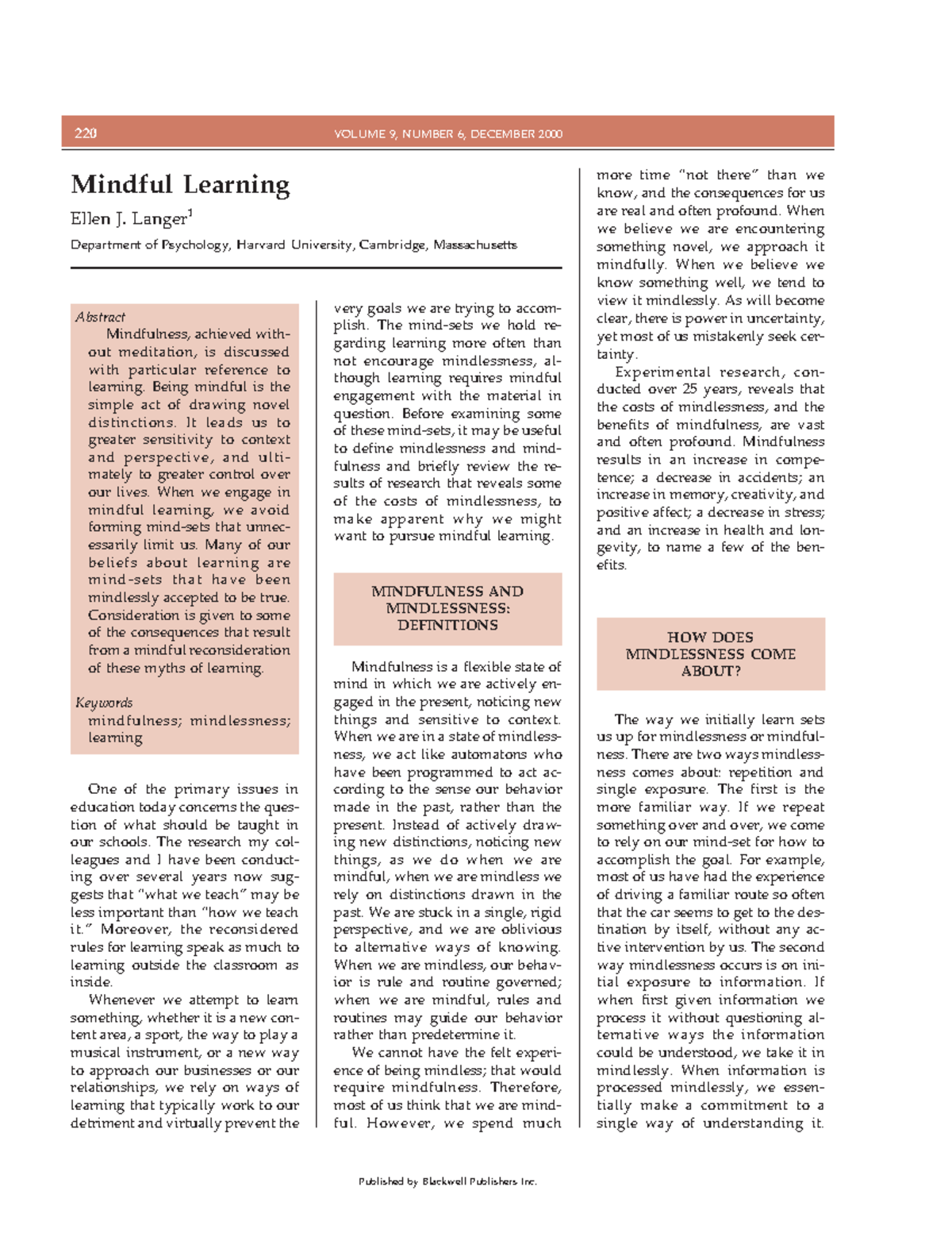 Langer Mindful Learning - Abstract Mindfulness, achieved with- out ...