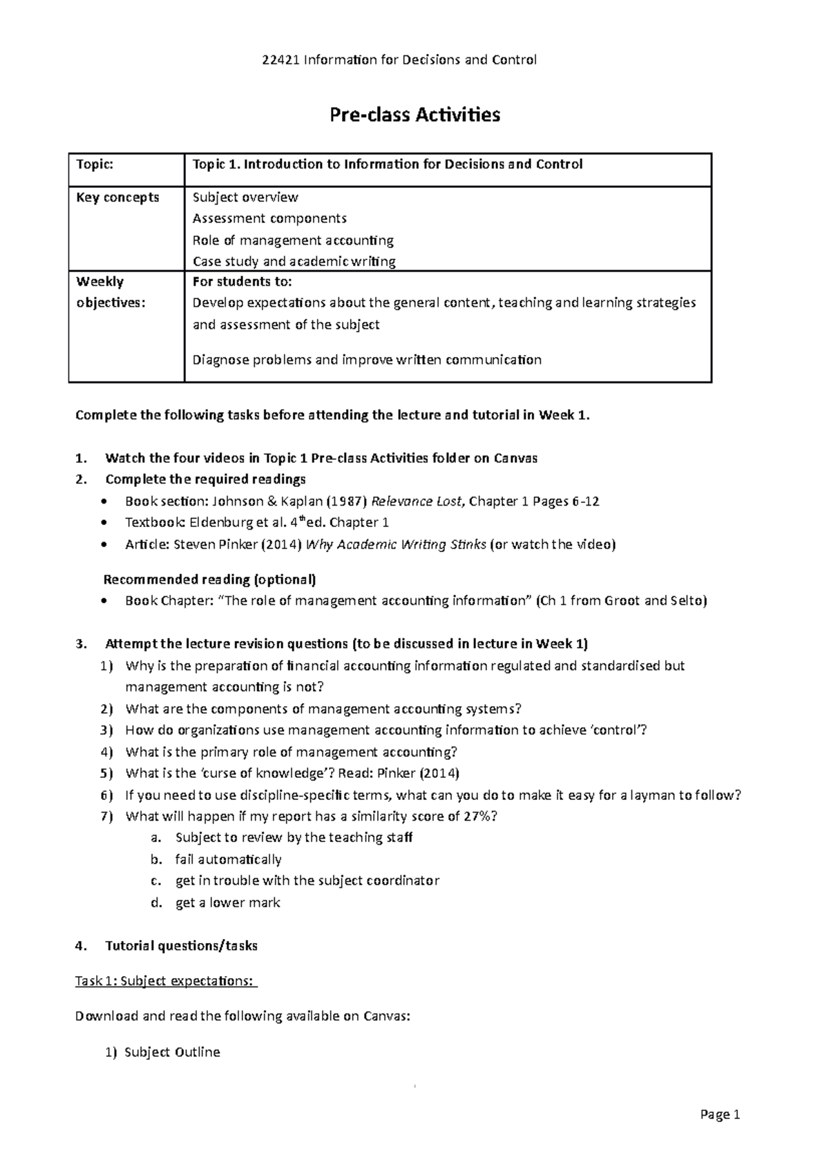 Week 1 Pre-Class Activities - 22421 Information for Decisions and ...