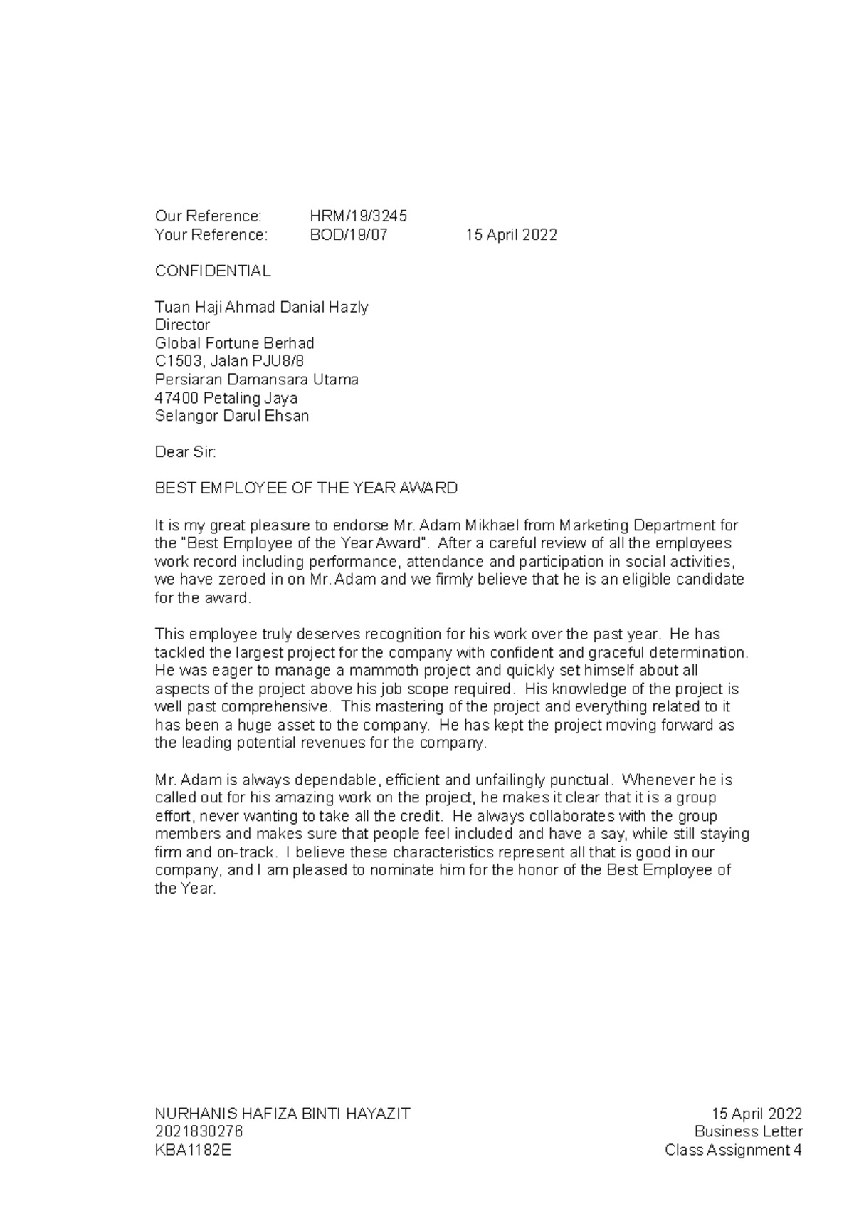 Class Assignment 4 - document processing - Our Reference: HRM/19/ Your ...