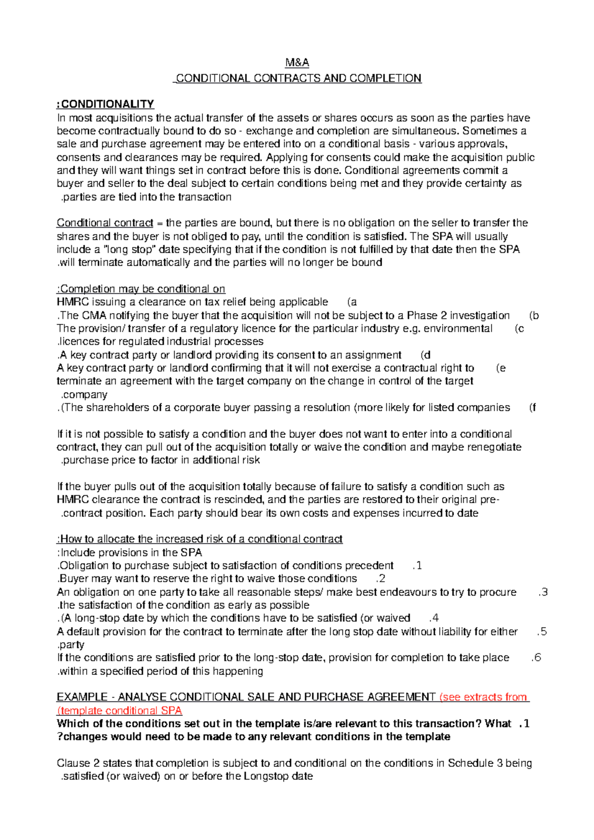 M&A Conditional Contracts AND Completion - M&A CONDITIONAL CONTRACTS ...