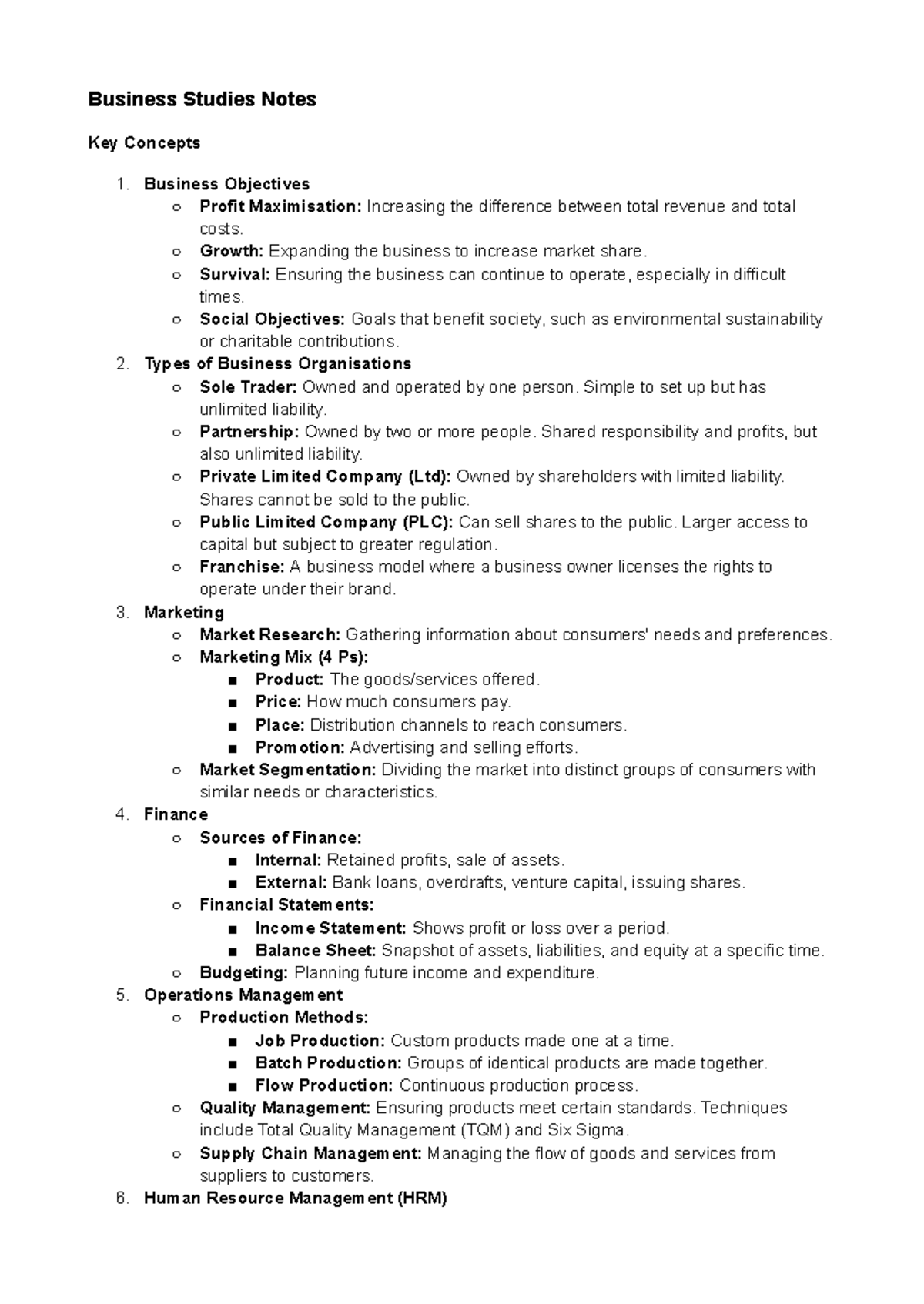 Business Studies notes 1234 - Business Studies Notes Key Concepts 1 ...