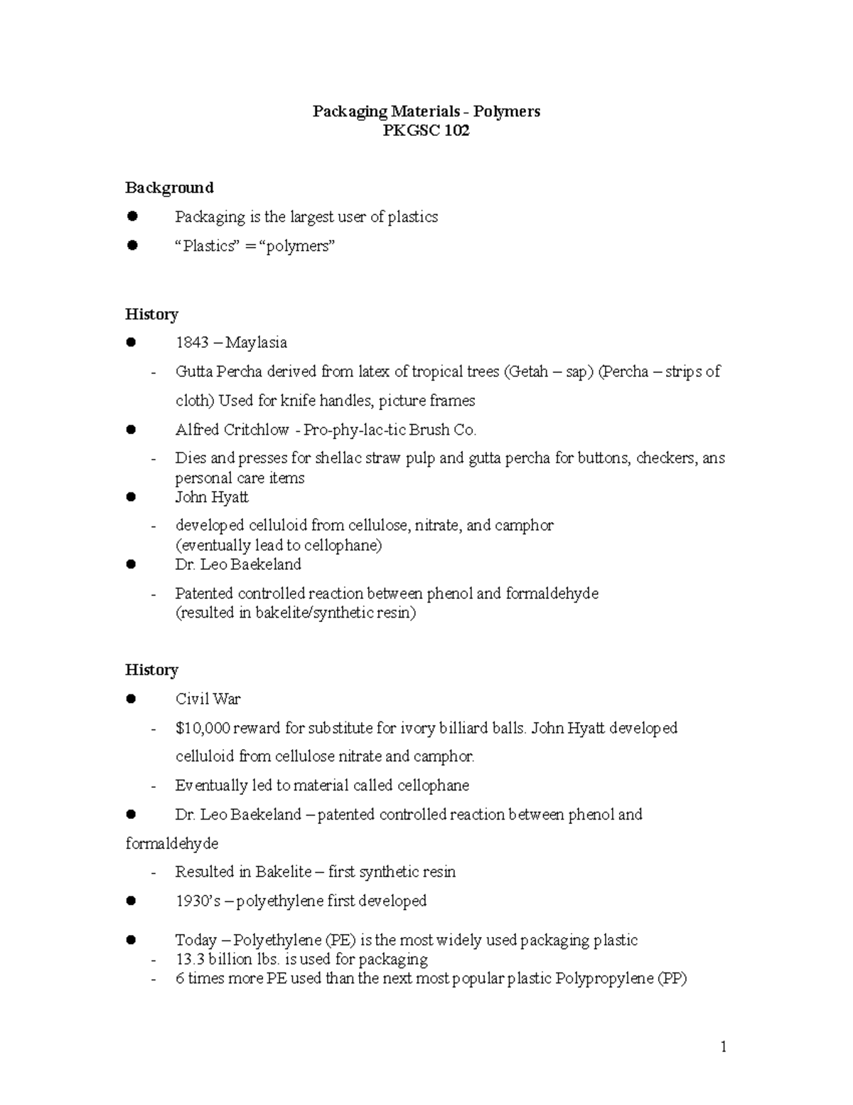 07 Plastics 1 - Lecture notes 7 - Packaging Materials - Polymers PKGSC ...