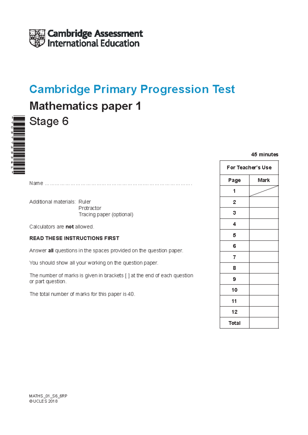 2018 Cambridge Primary Progression Test Maths Stage 6 QP Paper 1 tcm142 ...