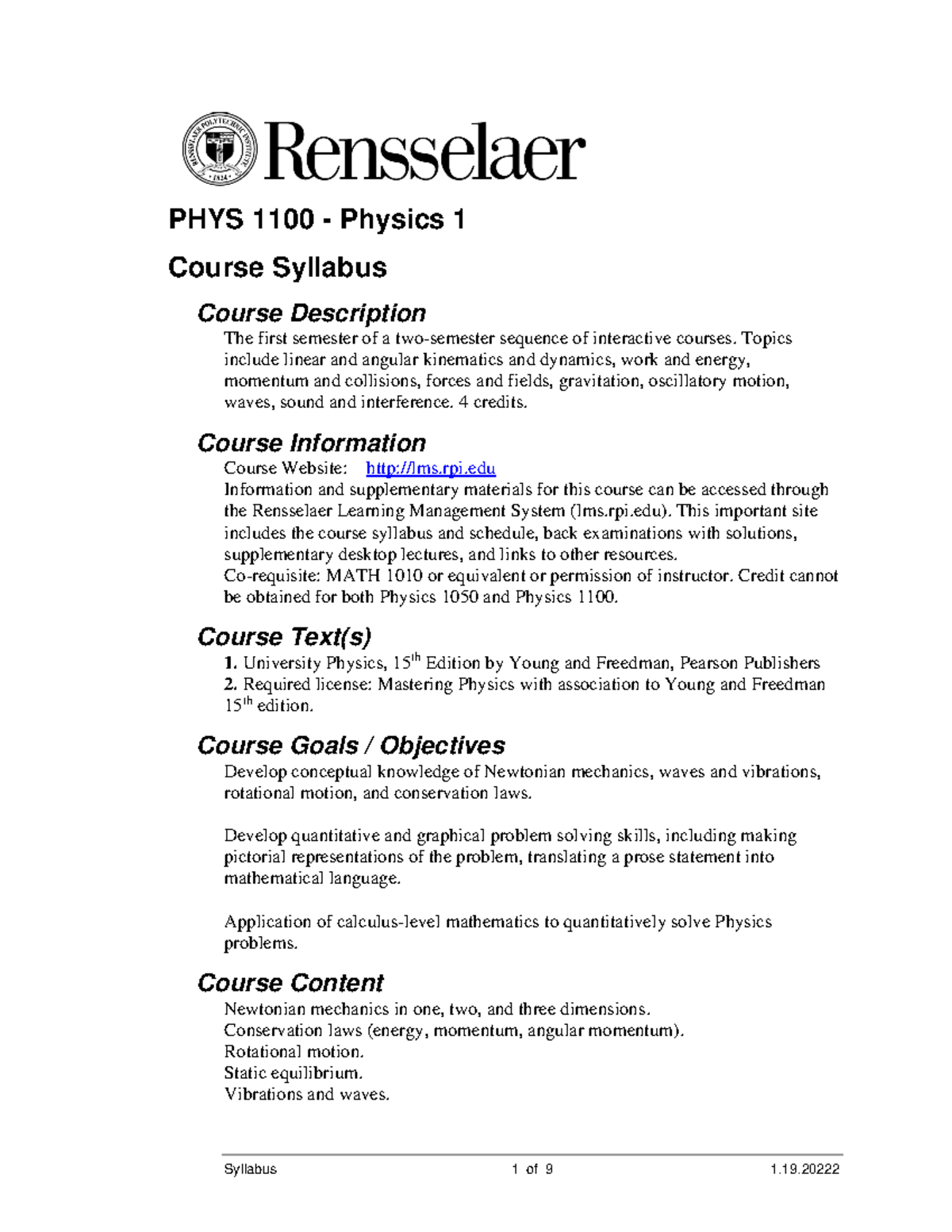 Syllabus Spring 2022 Phys1100 PHYS 1100 Physics 1 Course Syllabus