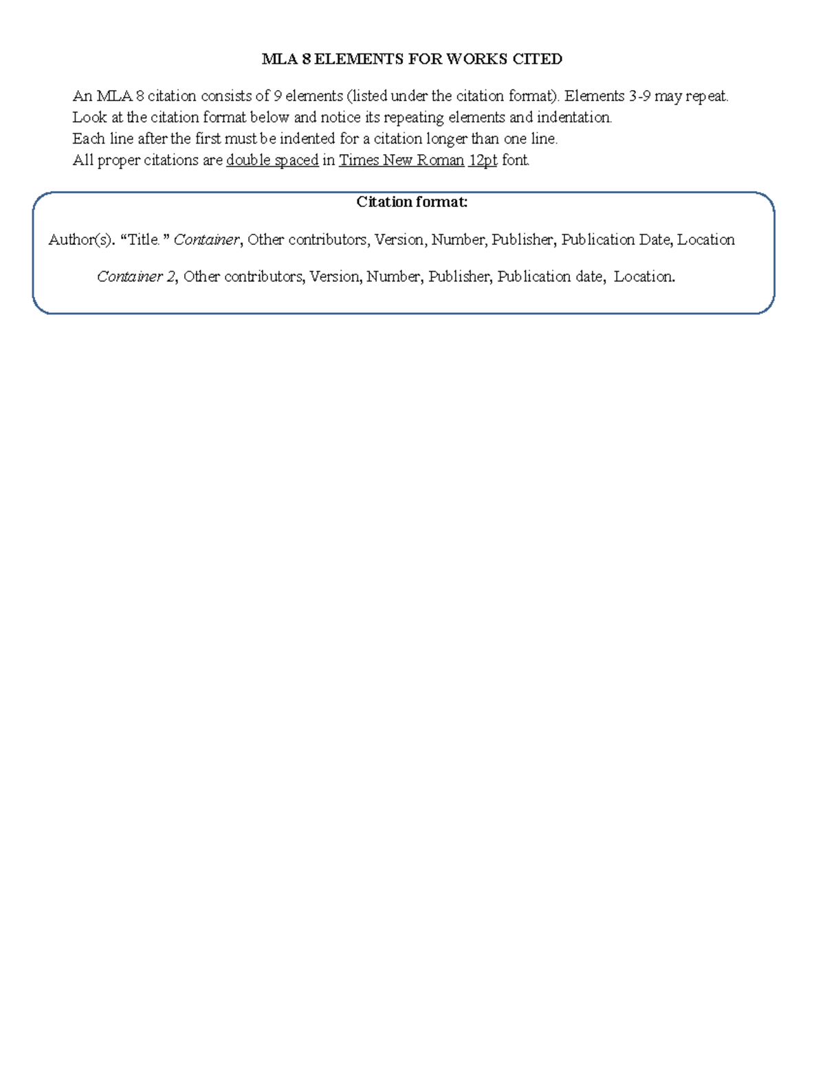 QMLA 8 Elements WCC - MLA 8 ELEMENTS FOR WORKS CITED An MLA 8 citation ...