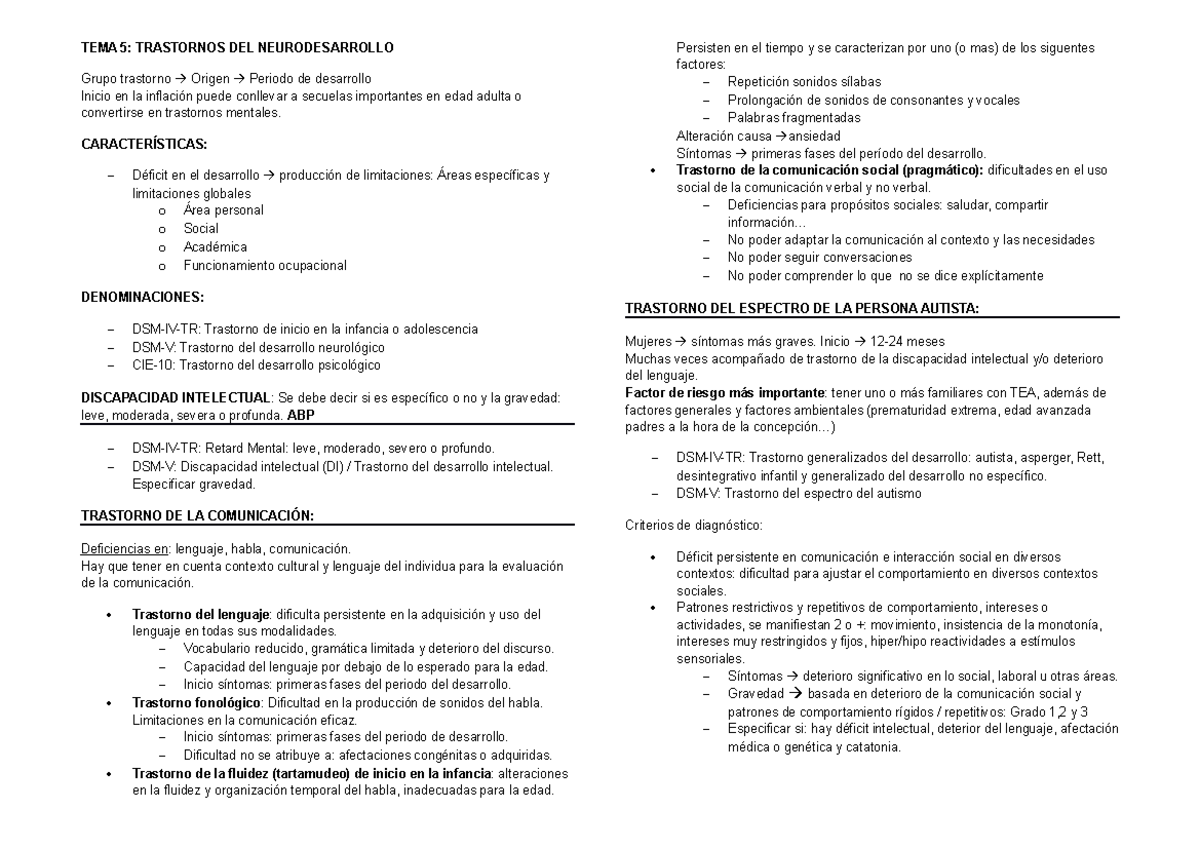 TEMA 5 Trastornos del neurodesarrollo - TEMA 5: TRASTORNOS DEL NEURODESARROLLO Grupo trastorno ...
