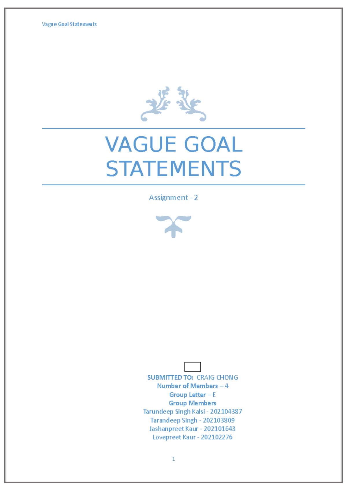 Vague Goal Statements - VAGUE GOAL STATEMENTS Assignment - 2 SUBMITTED ...