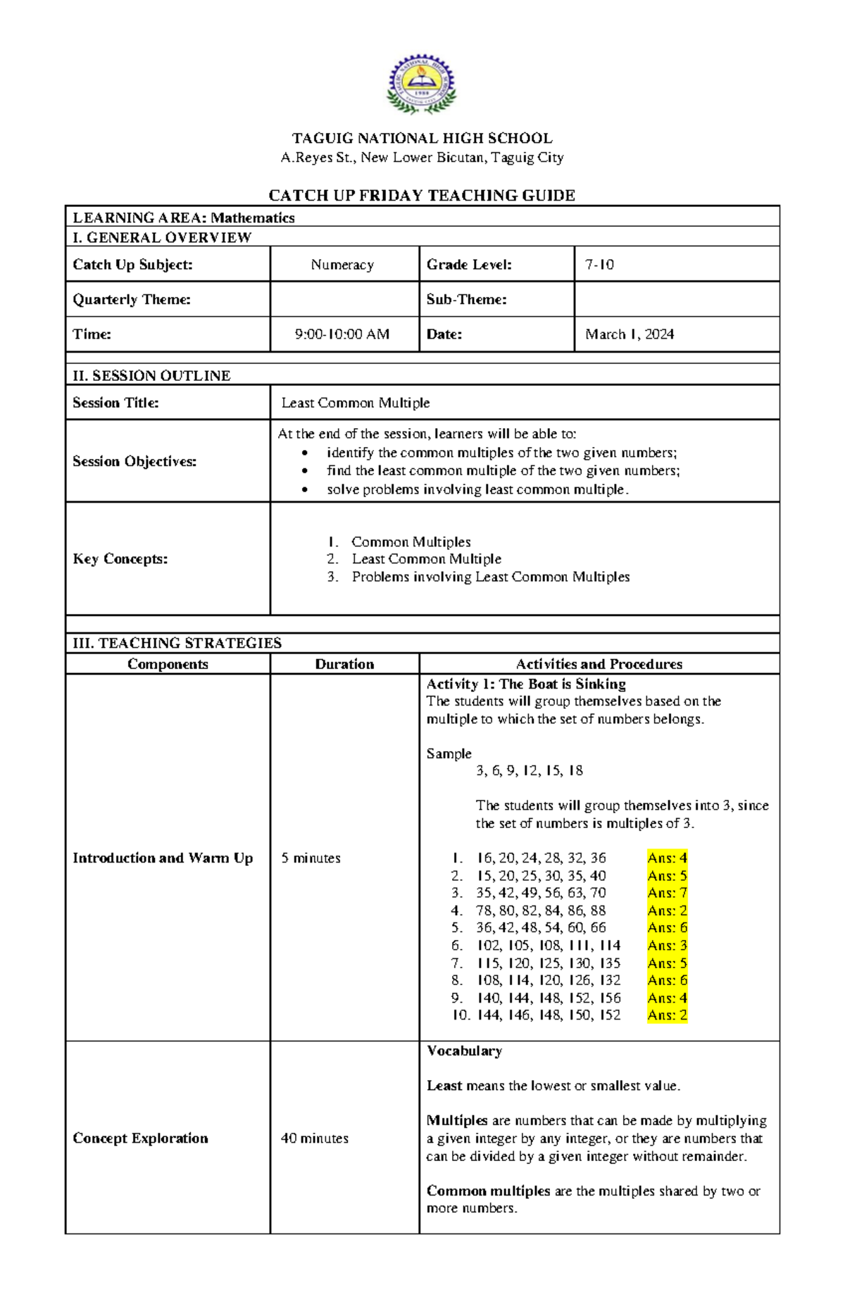 Numeracy Session 4 LCM - MATH - TAGUIG NATIONAL HIGH SCHOOL A St., New ...