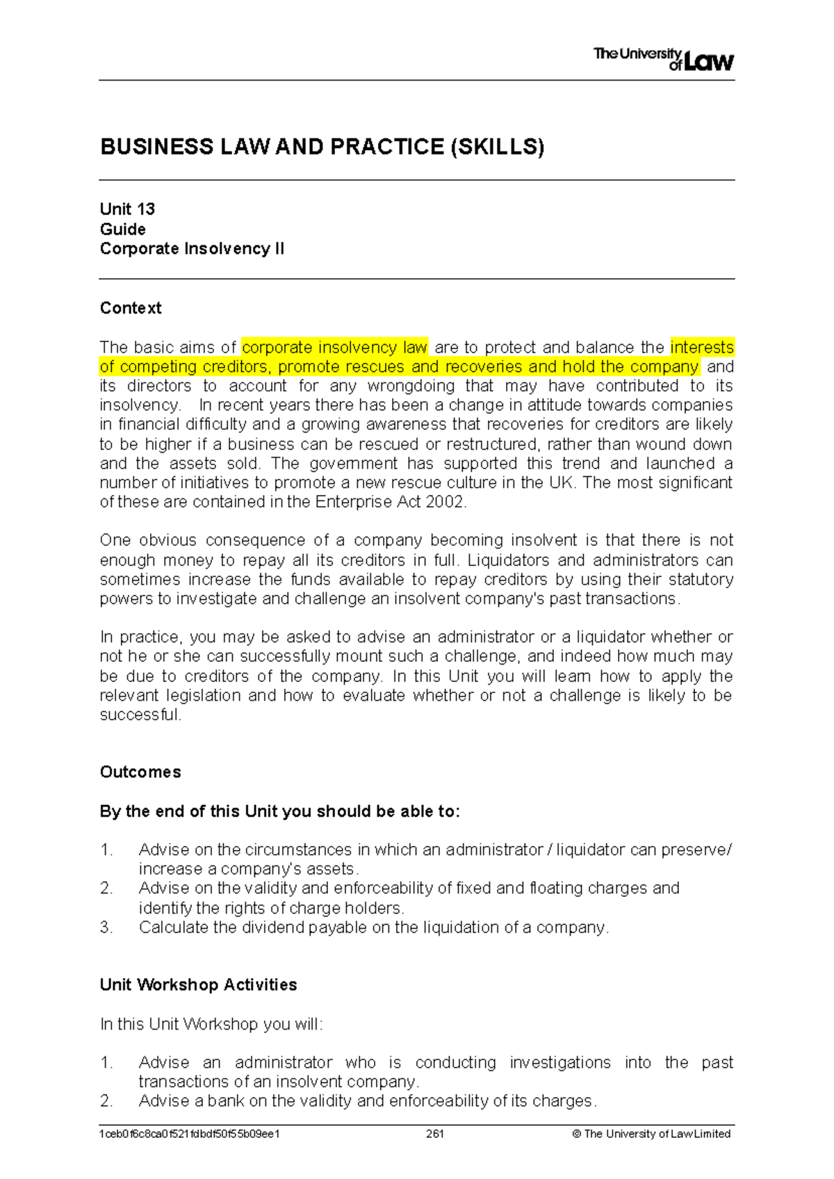 Workshop 13 - BUSINESS LAW AND PRACTICE (SKILLS) Unit 13 Guide ...