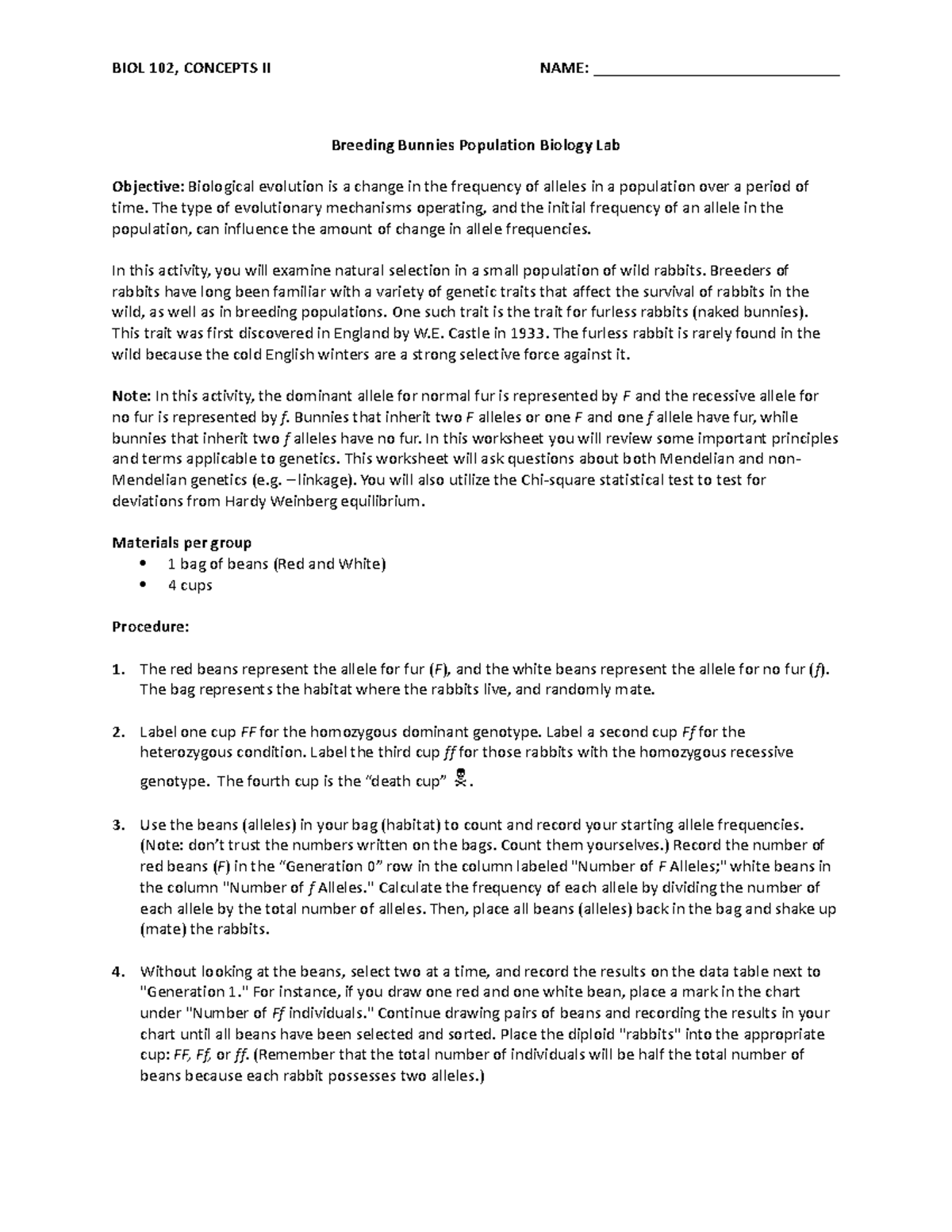 Breeding Bunnies LAB - Lab - BIOL 102, CONCEPTS II NAME ...