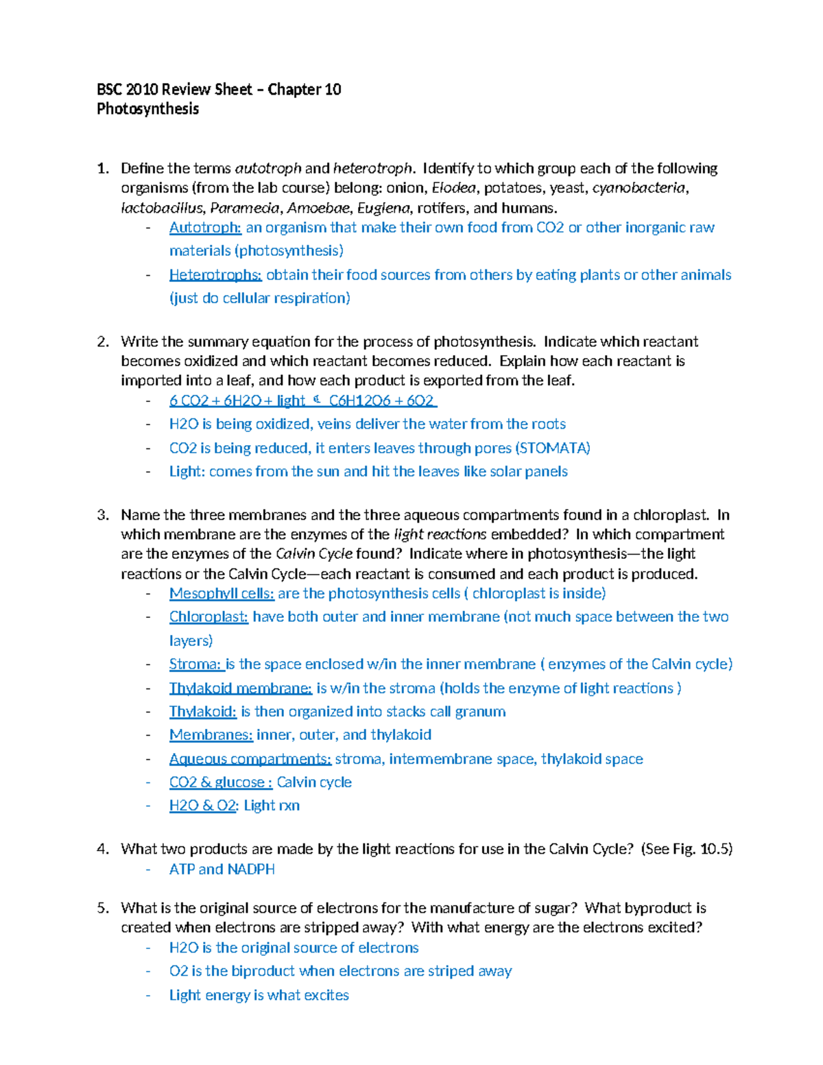 Review Ch 10 - BSC 2010 Review Sheet – Chapter 10 Photosynthesis Define ...