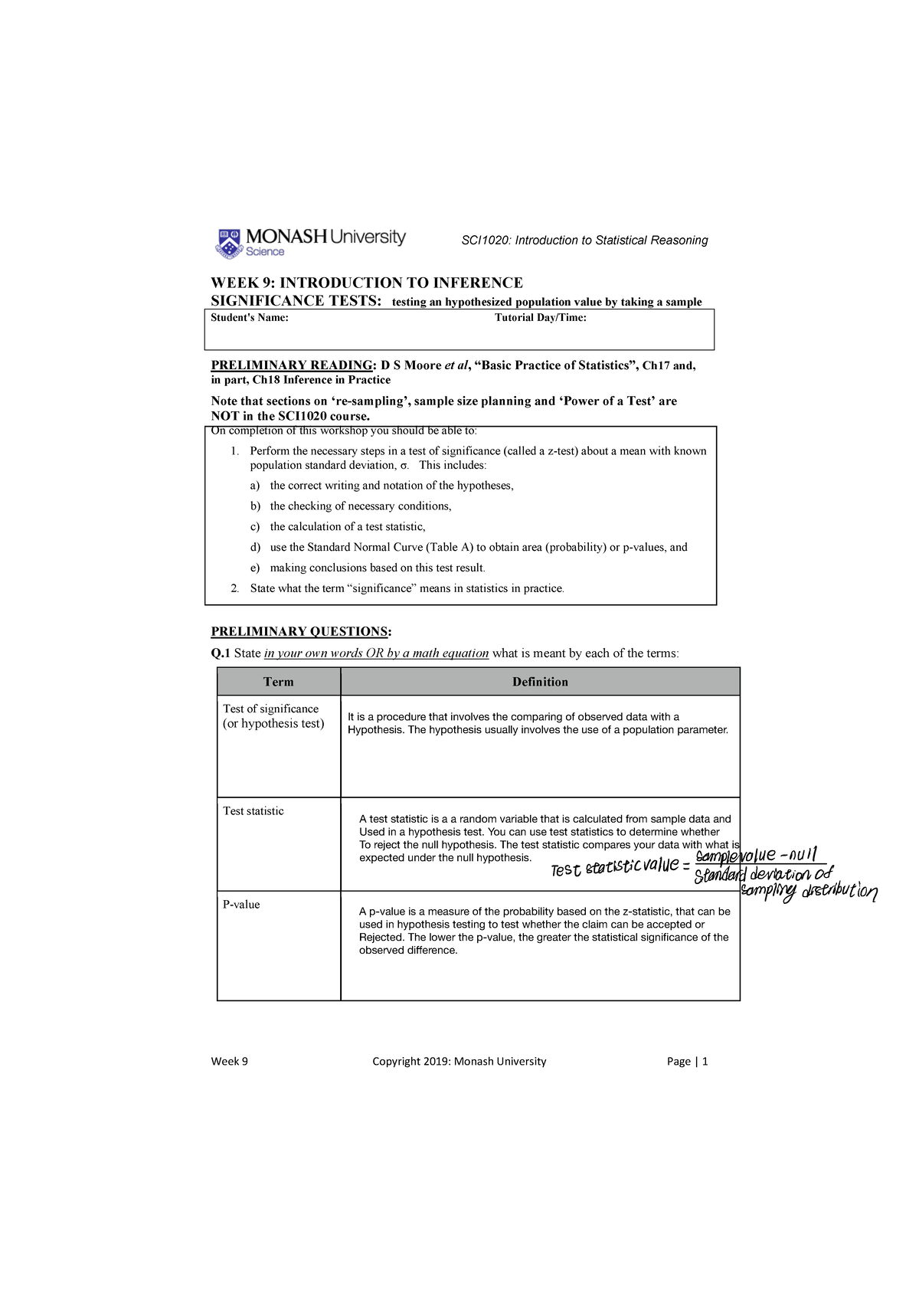 Week 7 - helpful to week 7 - SCI1020: Introduction to Statistical Reasoning Week 9 Copyright ...
