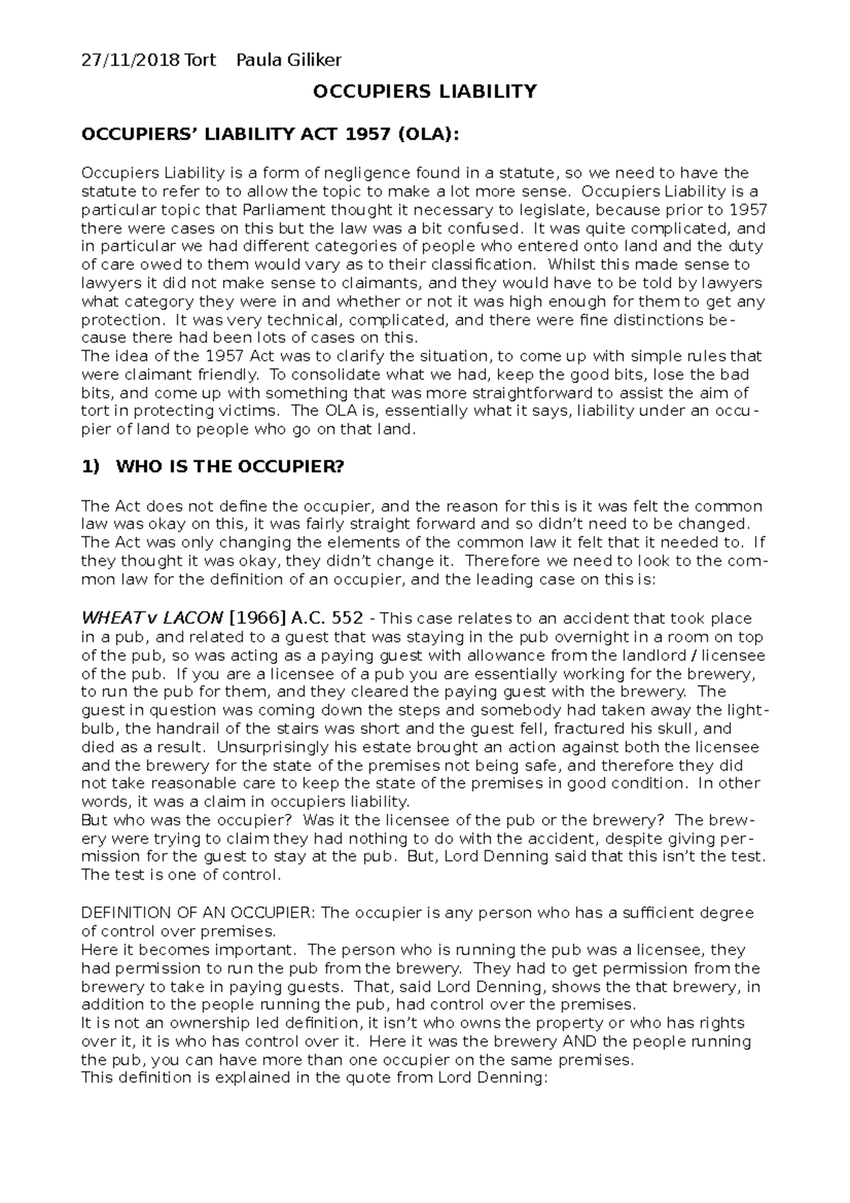 Occupiers Liability - OCCUPIERS LIABILITY OCCUPIERS’ LIABILITY ACT 1957 ...