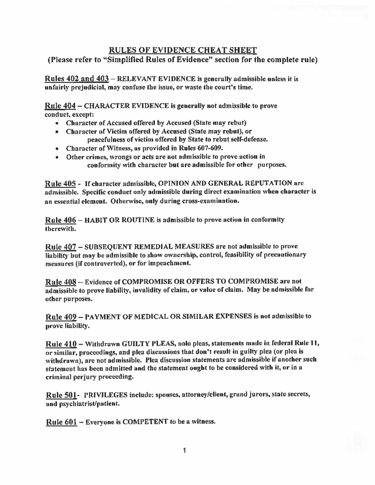 Evidence Cheat Sheet 2021 - EVID 601 - Studocu