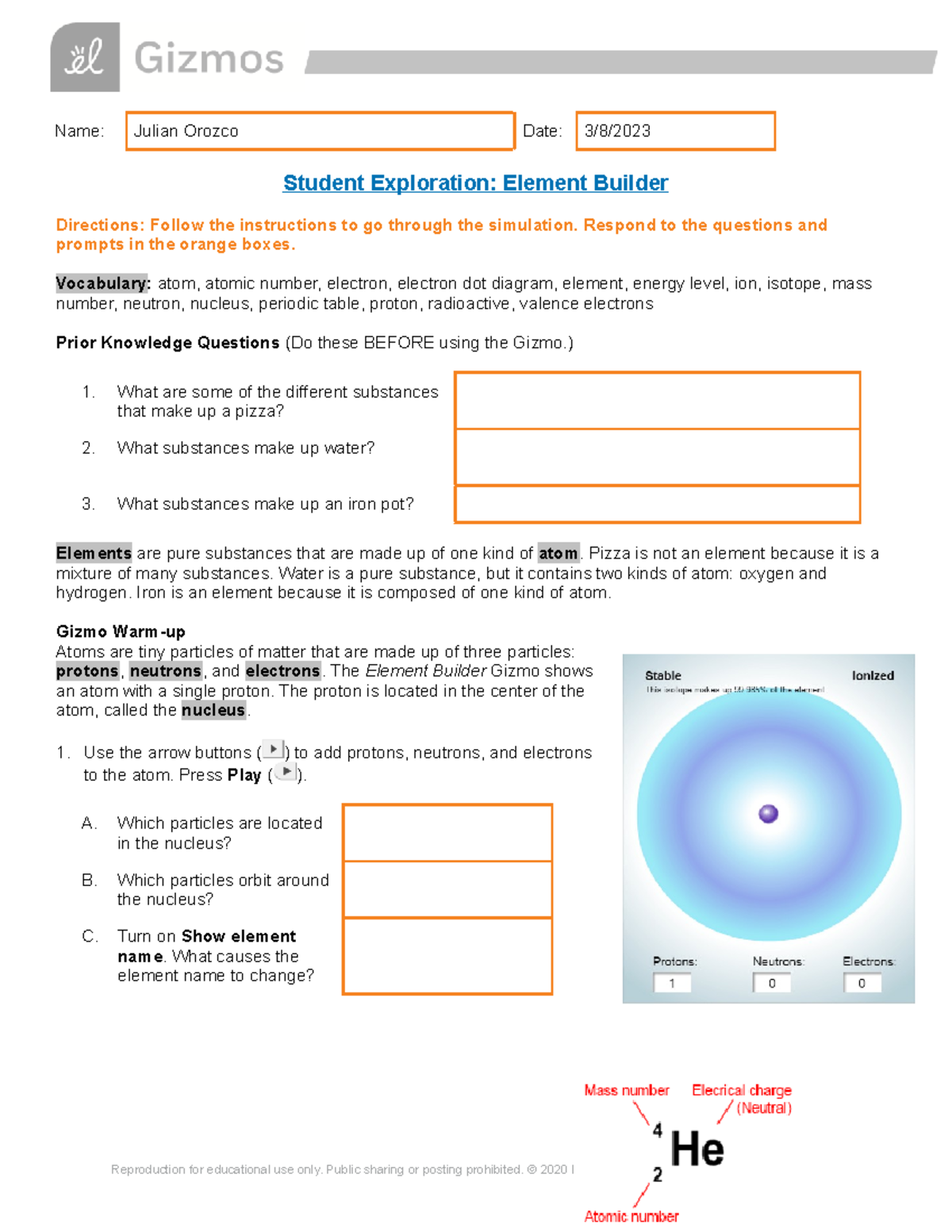 Copy of Element Builder SE - Name: Julian Orozco Date: 3/8/ Student ...