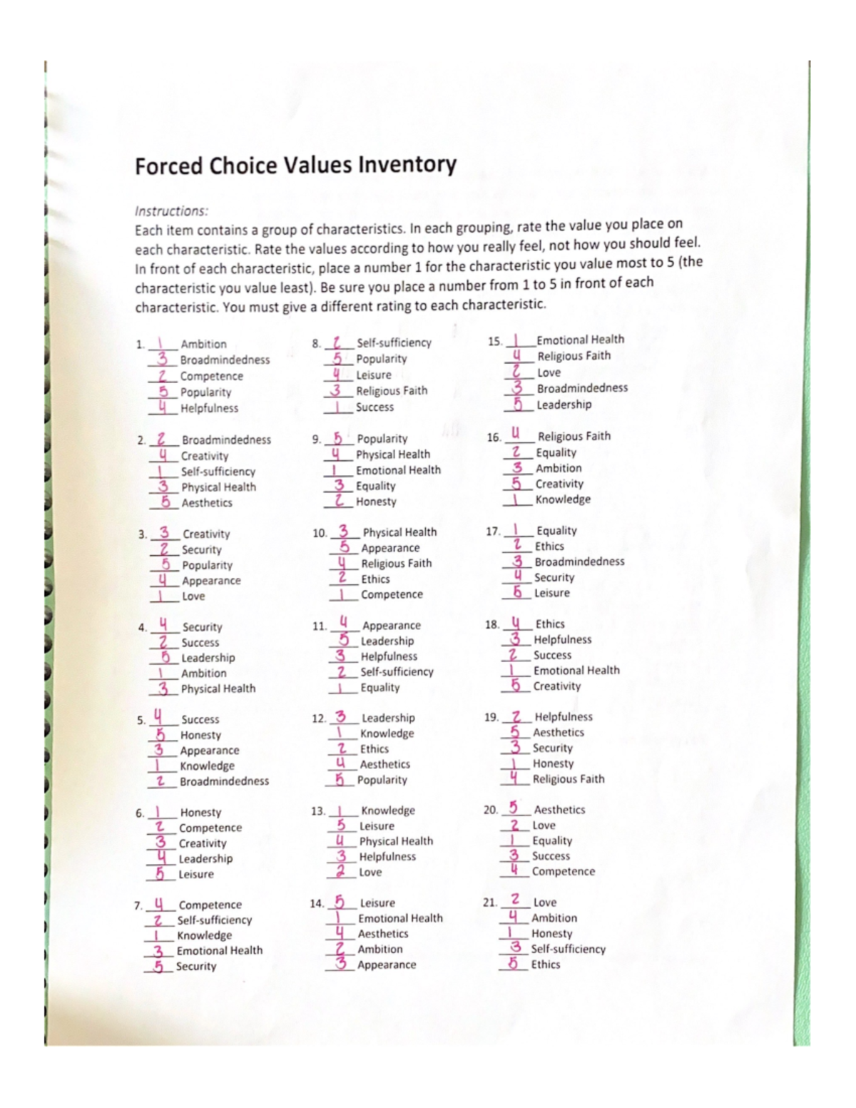 Forced choice values inventory - UNIV 1000 - Studocu