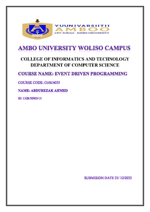 Mid exam - cs courses - DAMBI DOLLO UNIVERSITY COLLEGE OF ENGINEERING AND TECHNOLOGY Department ...